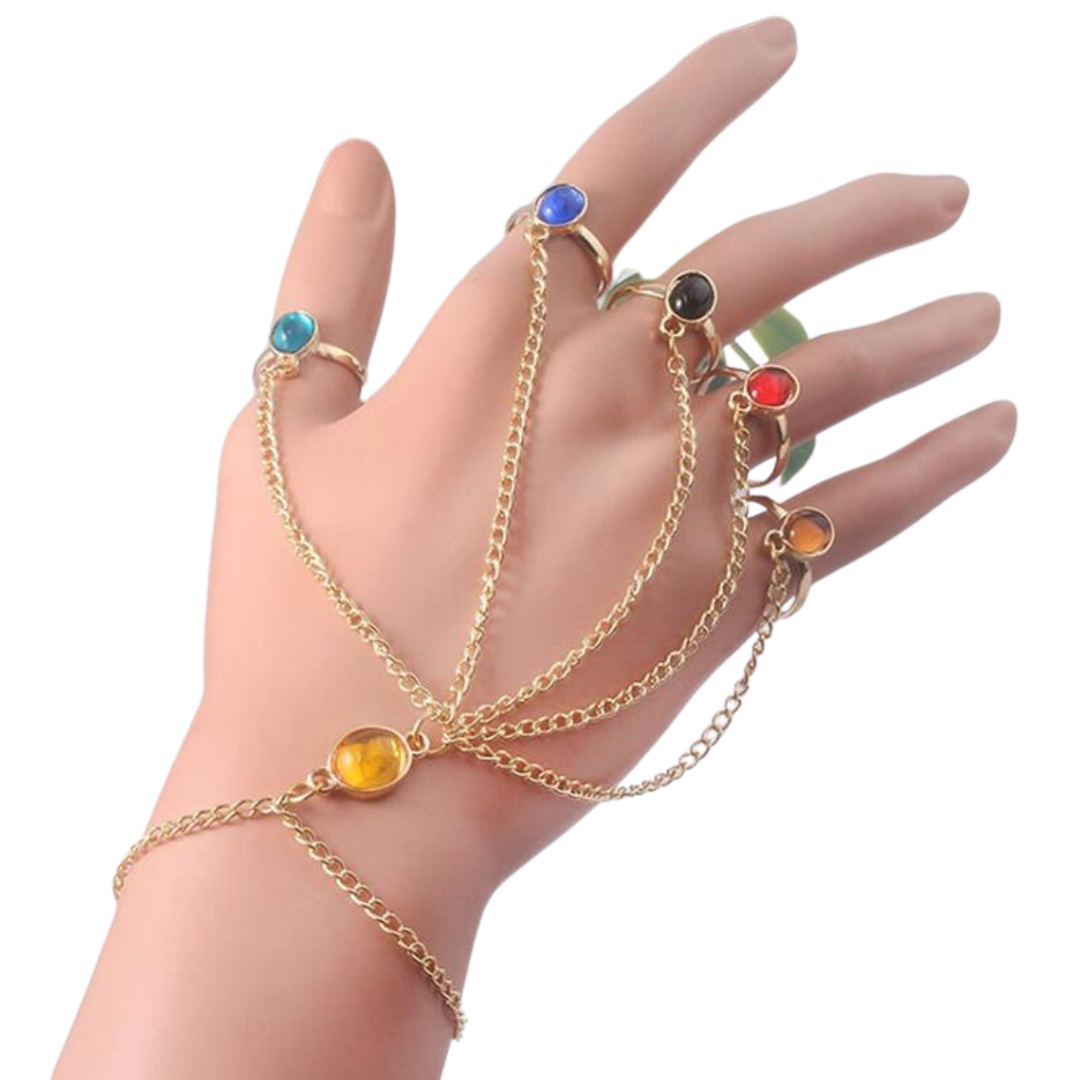 Bijou de main à chaînes et médaillons colorés & Monbijoudecorps